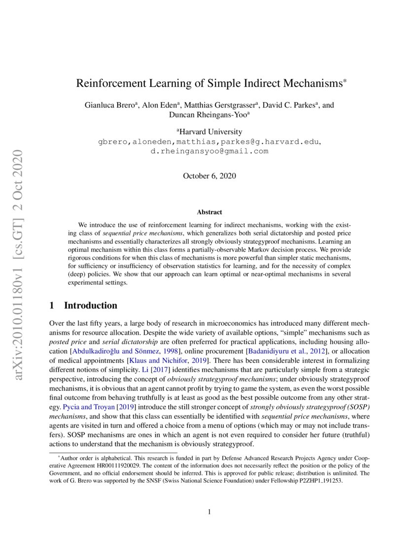Reinforcement Learning of Simple Indirect Mechanisms | DeepAI