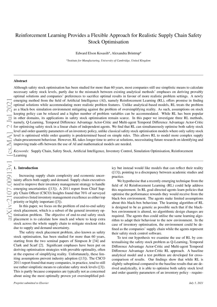 Reinforcement Learning Provides A Flexible Approach For Realistic Supply Chain Safety Stock