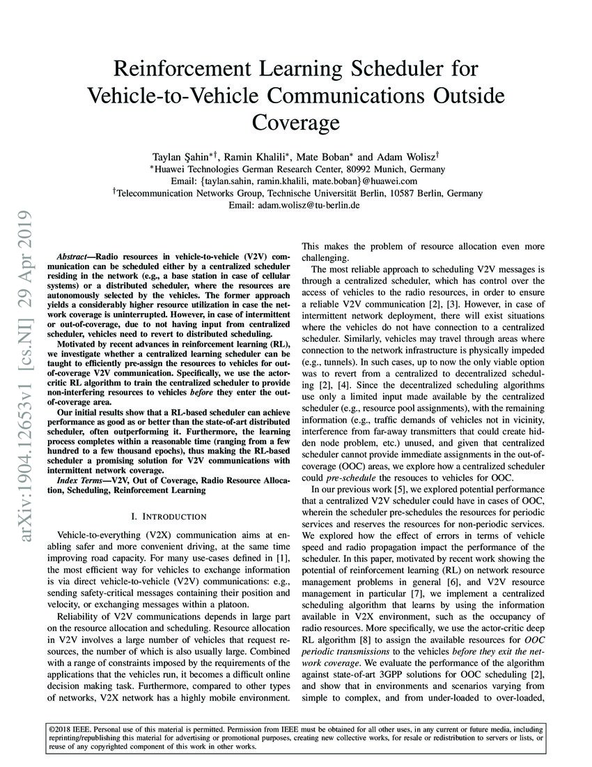 Reinforcement Learning Scheduler for Vehicle-to-Vehicle Communications Outside Coverage | DeepAI
