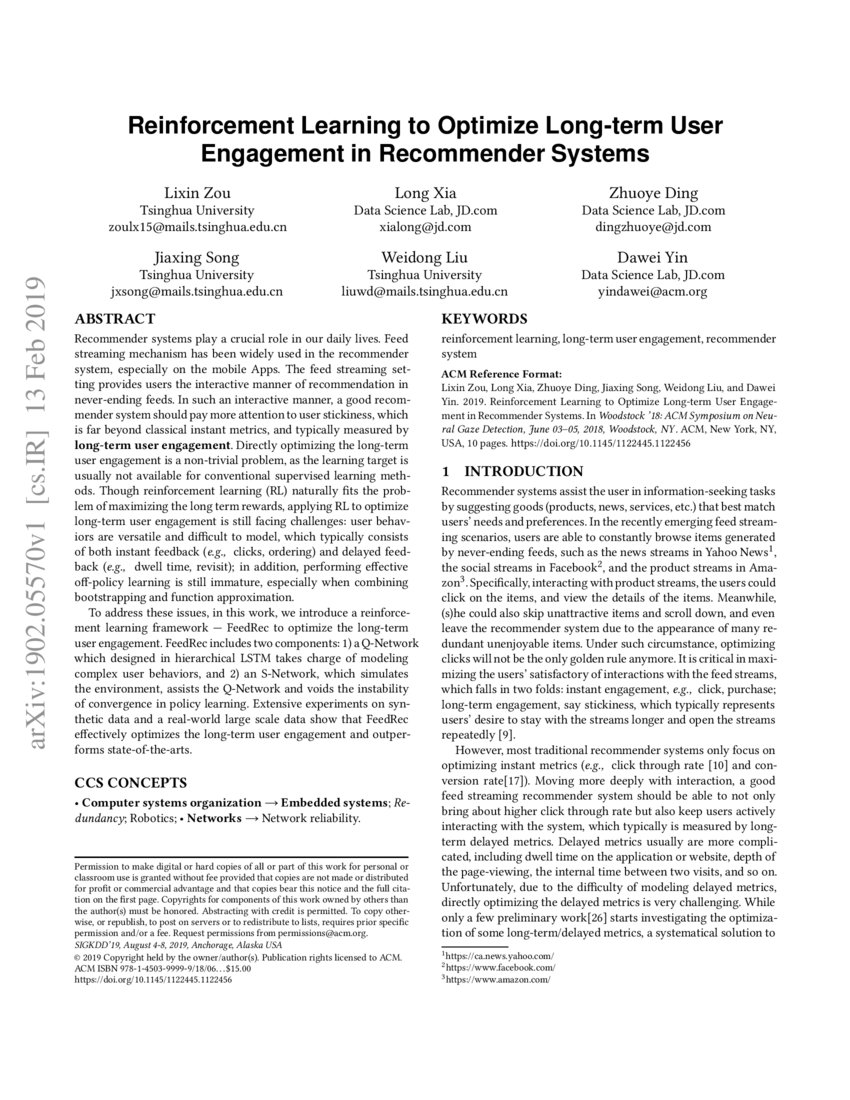 Reinforcement Learning to Optimize Long-term User Engagement in Recommender Systems | DeepAI