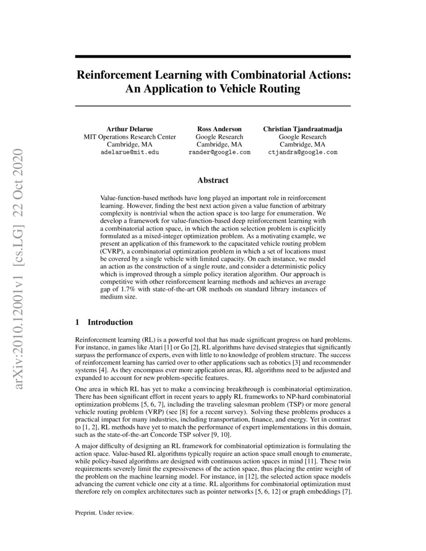 Reinforcement Learning With Combinatorial Actions An Application To Vehicle Routing Deepai