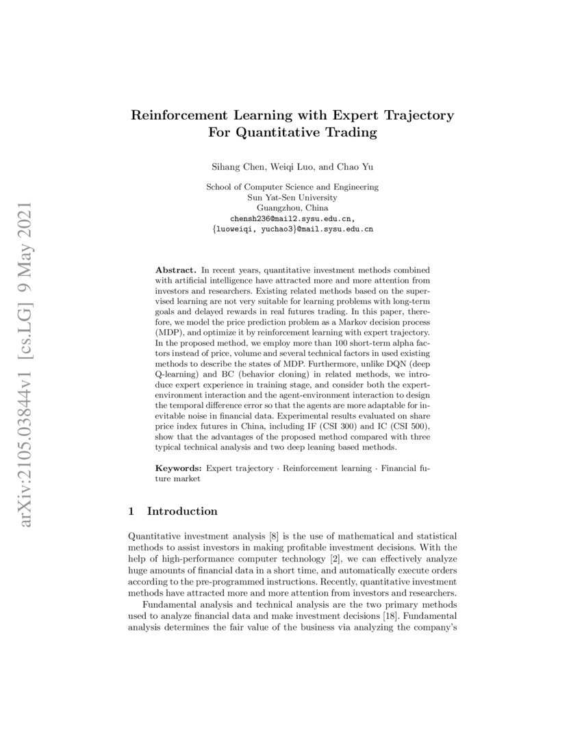 Reinforcement Learning with Expert Trajectory For Quantitative Trading | DeepAI