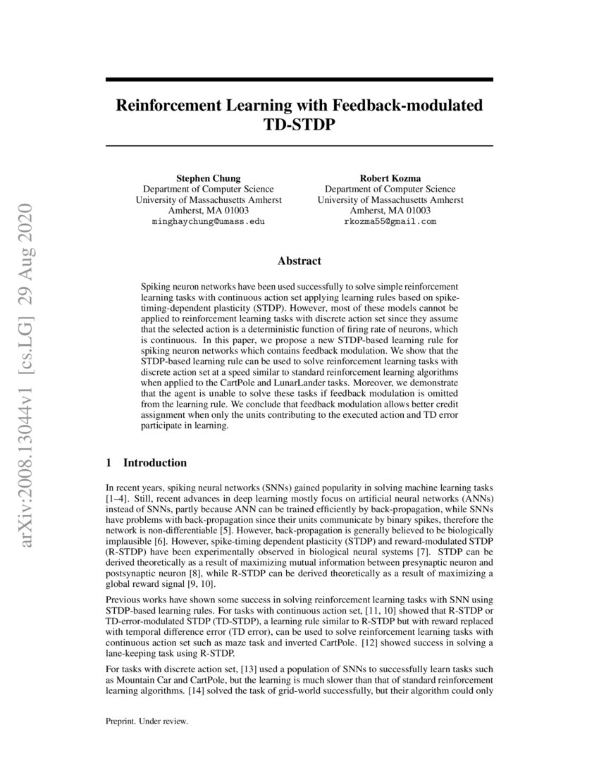 Reinforcement Learning With Feedback Modulated Td Stdp Deepai