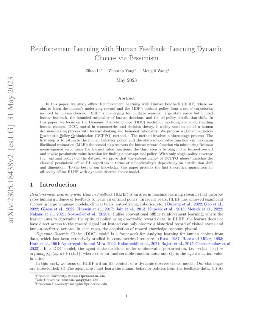 Reinforcement Learning With Human Feedback Learning Dynamic Choices Via Pessimism Deepai