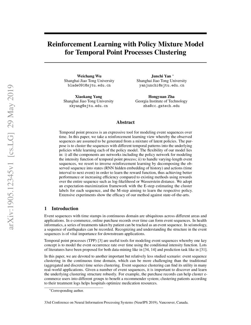 Reinforcement Learning with Policy Mixture Model for Temporal Point Processes Clustering | DeepAI