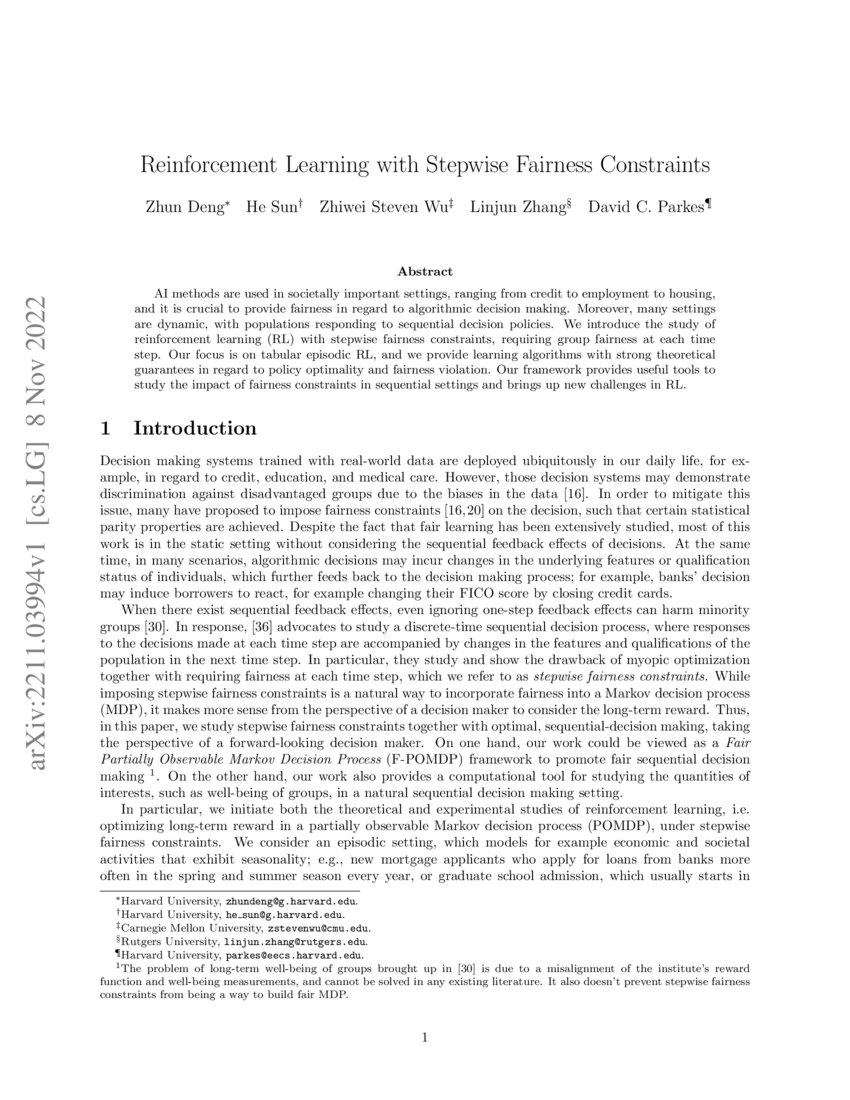 Reinforcement Learning With Stepwise Fairness Constraints Deepai