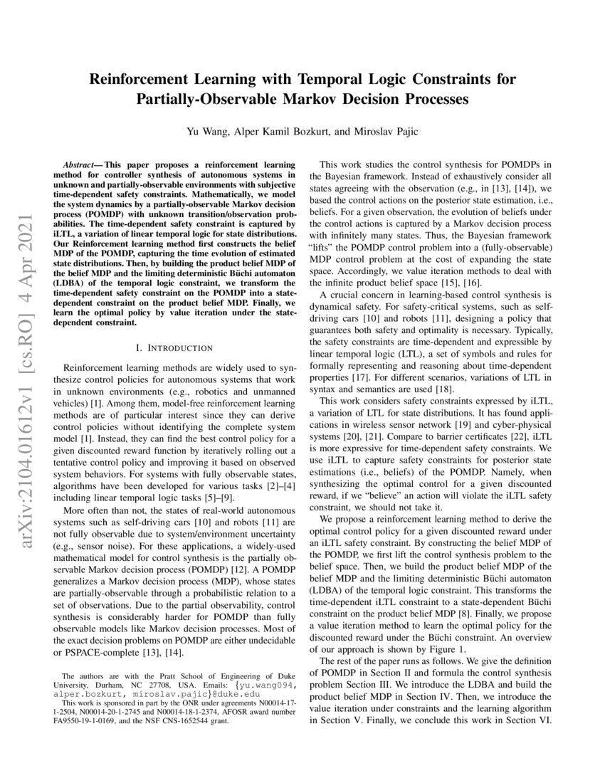 Reinforcement Learning With Temporal Logic Constraints For Partially Observable Markov Decision