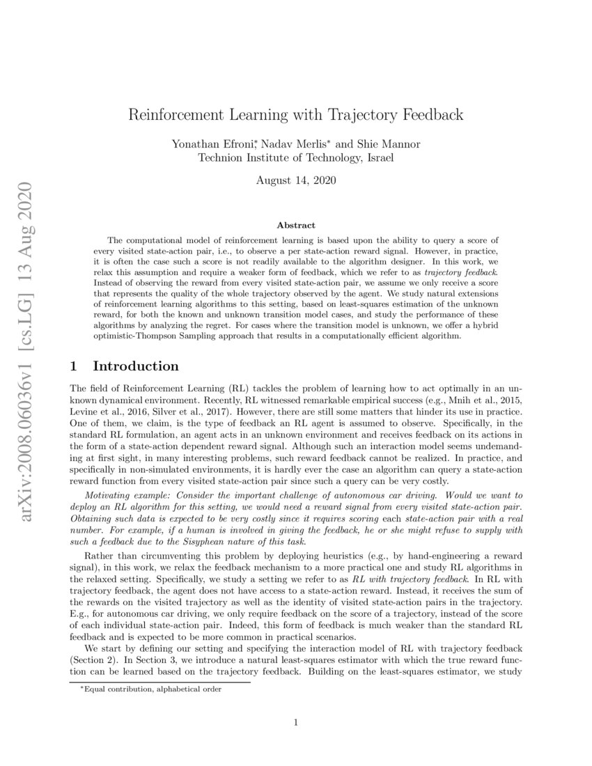 Reinforcement Learning with Trajectory Feedback | DeepAI