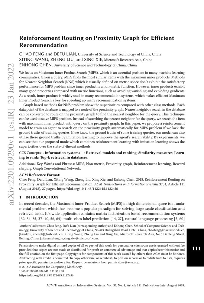 Reinforcement Routing On Proximity Graph For Efficient Recommendation 5652