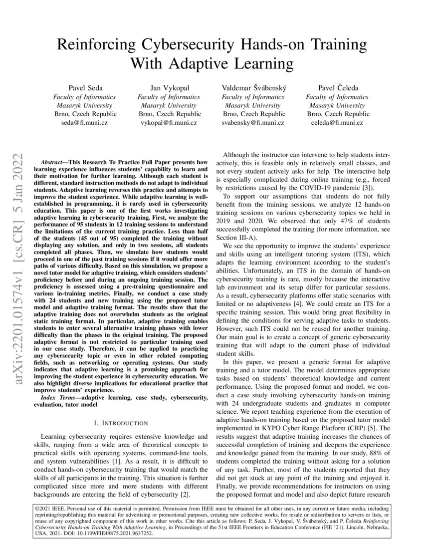 Reinforcing Cybersecurity Hands-on Training With Adaptive Learning | DeepAI
