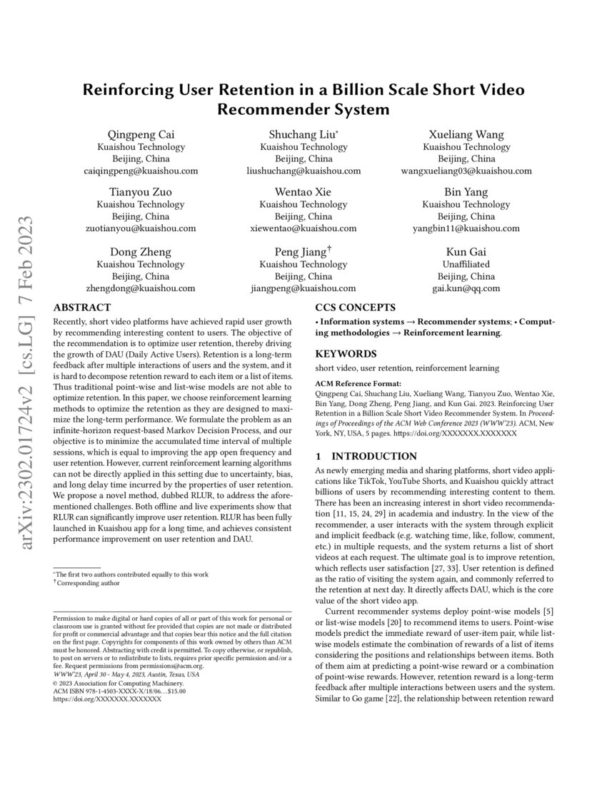 Reinforcing User Retention in a Billion Scale Short Video Recommender ...