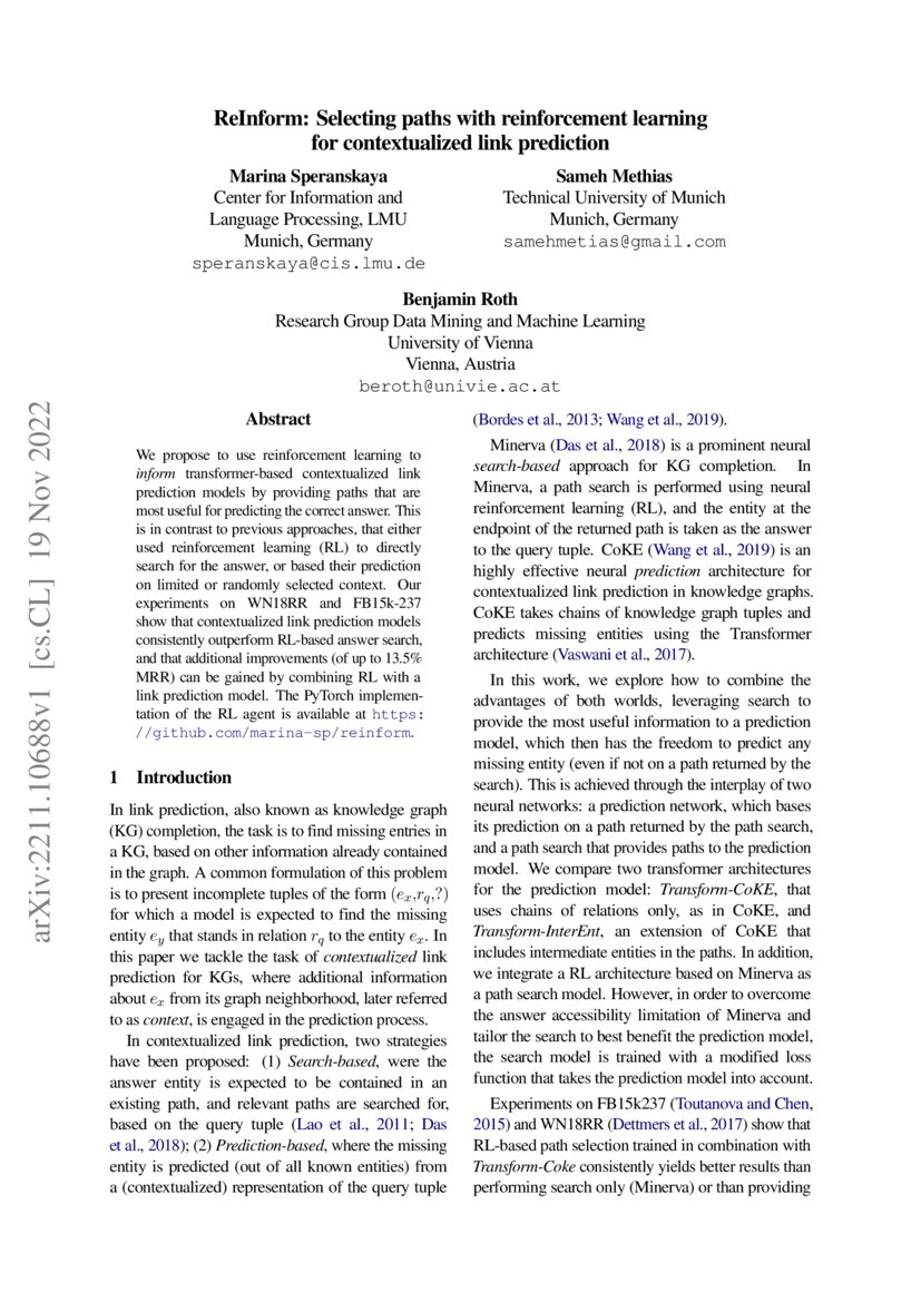 Reinform Selecting Paths With Reinforcement Learning For Contextualized Link Prediction Deepai