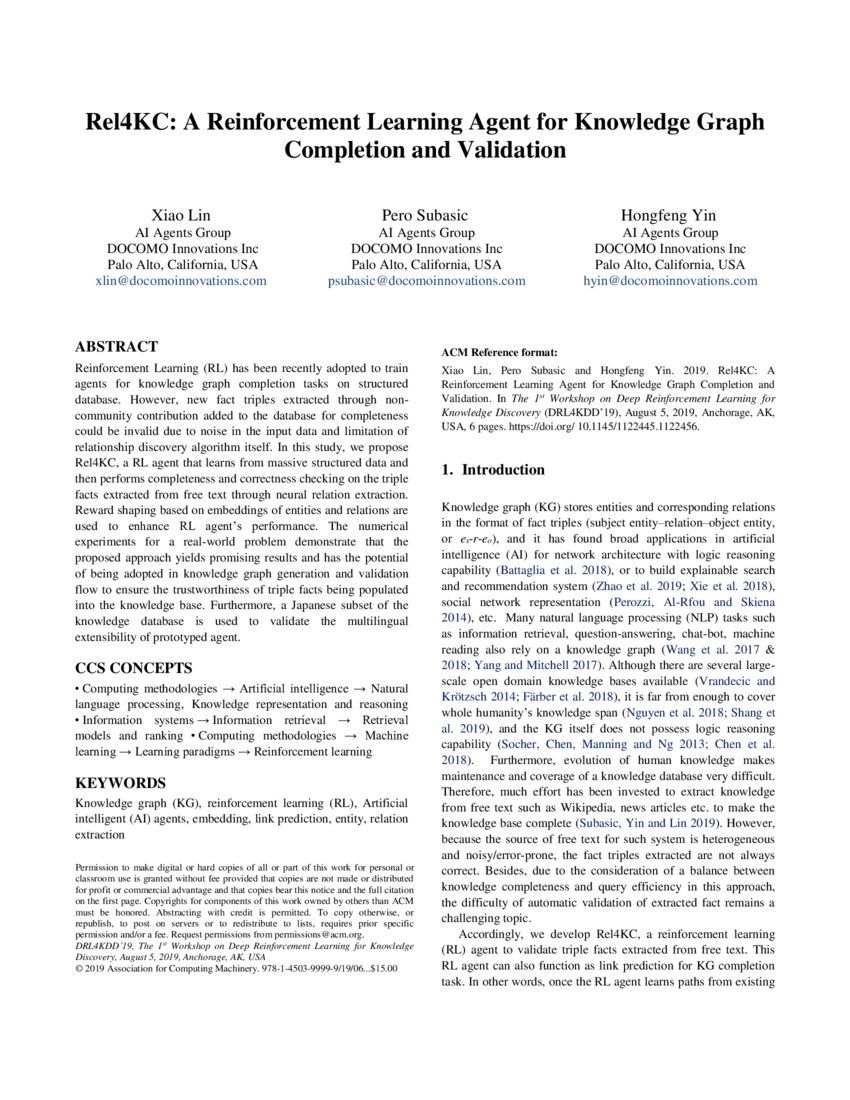 Rel4KC: A Reinforcement Learning Agent for Knowledge Graph Completion ...