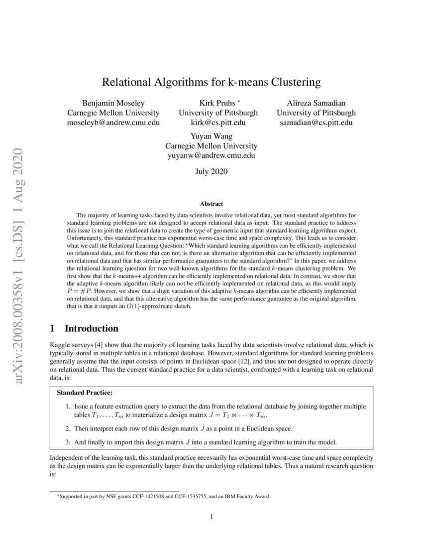Relational Algorithms for k-means Clustering | DeepAI