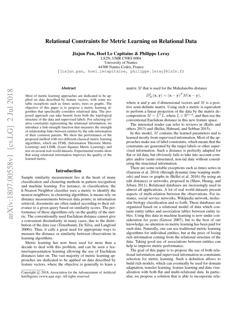 Relational Constraints for Metric Learning on Relational Data | DeepAI