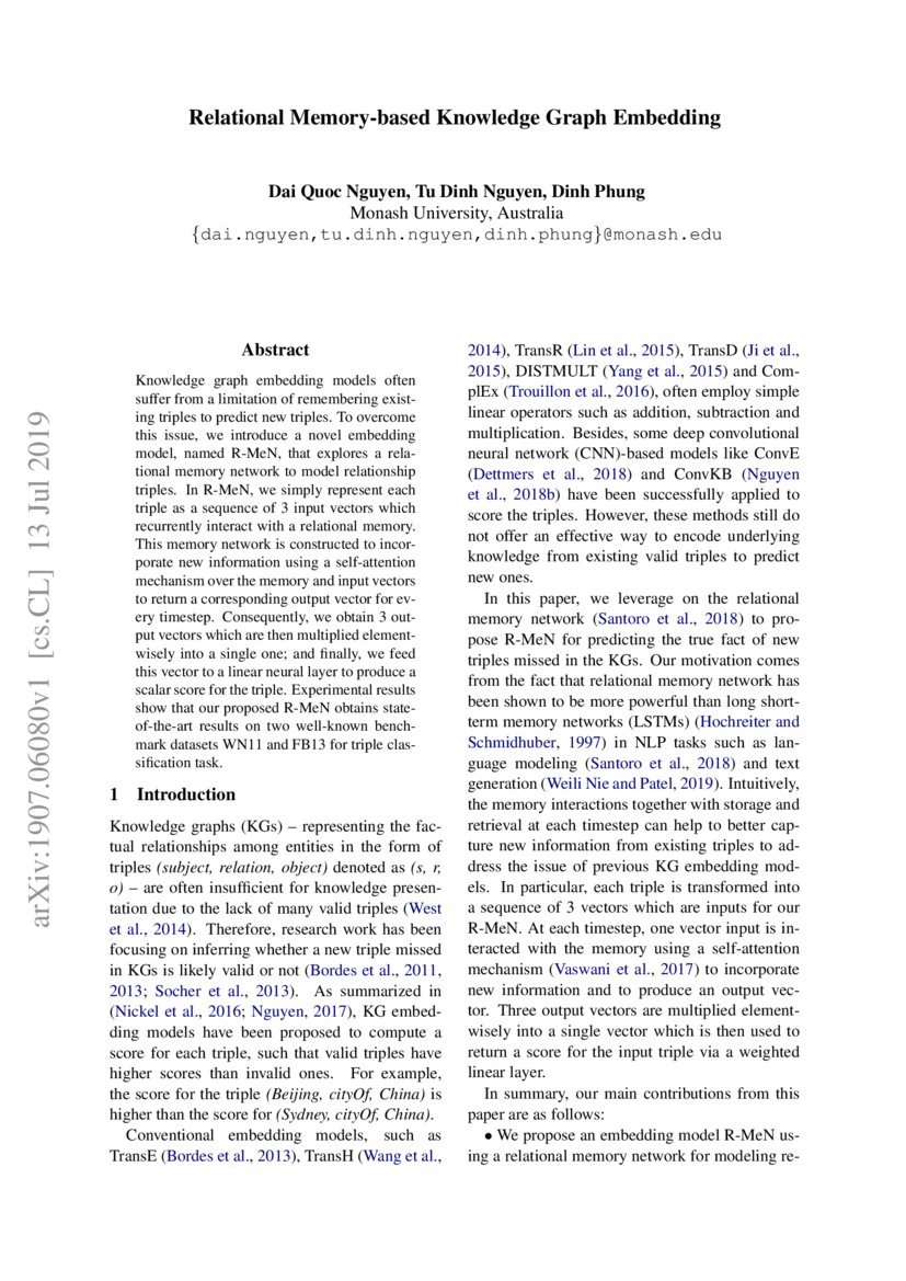 Relational Memory-based Knowledge Graph Embedding | DeepAI Relational Memory-based Knowledge Graph Embedding | DeepAI