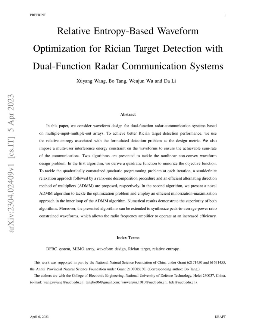 Relative Entropy Based Waveform Optimization For Rician Target Detection With Dual Function 9200