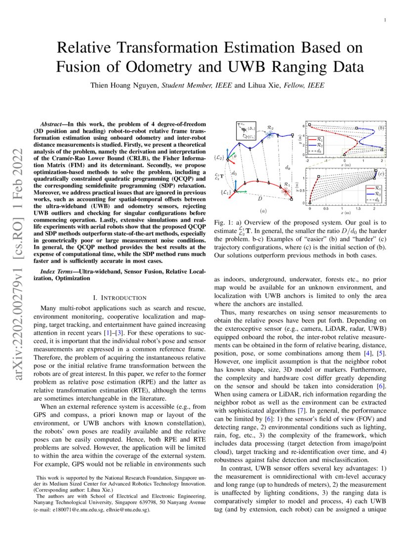 Relative Transformation Estimation Based on Fusion of Odometry and UWB Ranging Data | DeepAI