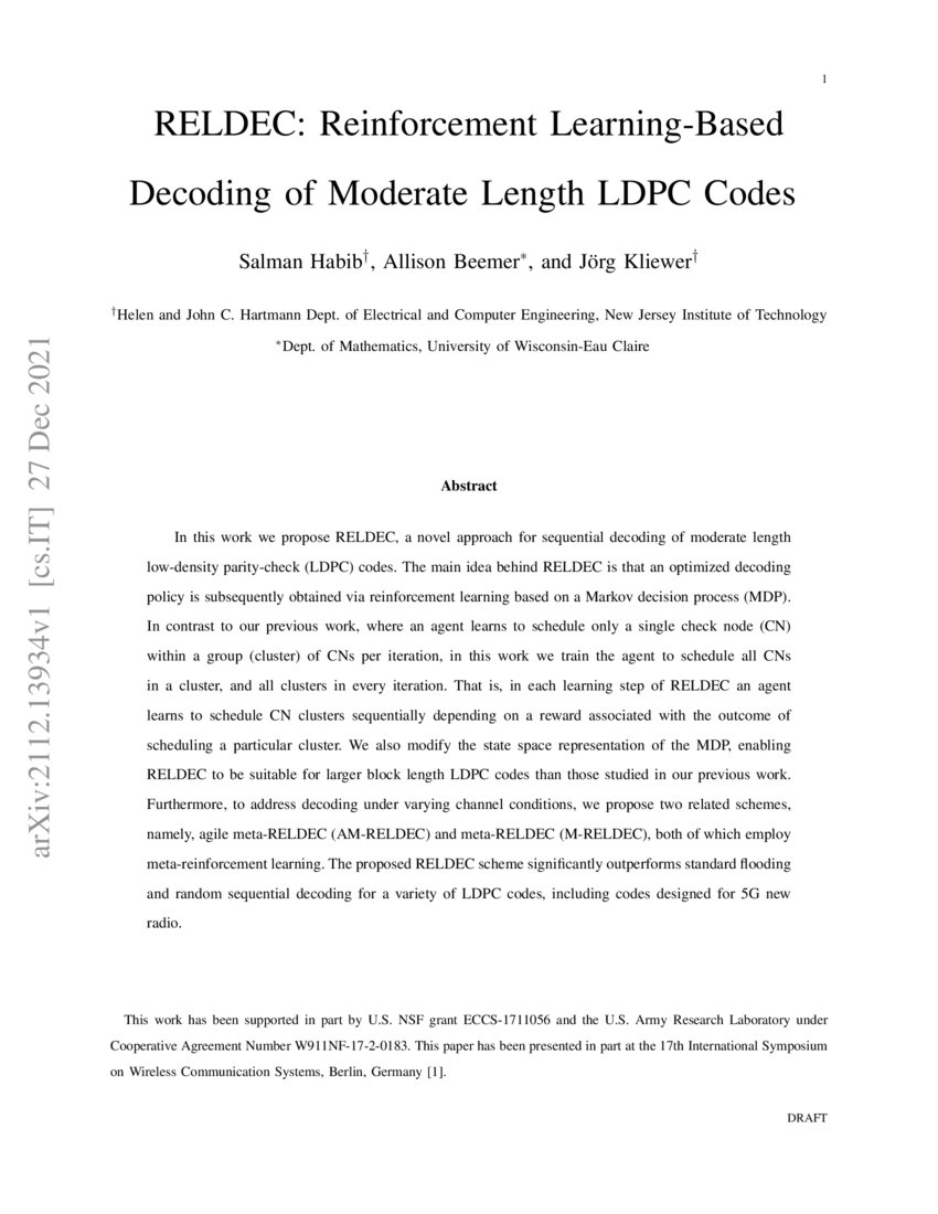 Reldec Reinforcement Learning Based Decoding Of Moderate Length Ldpc