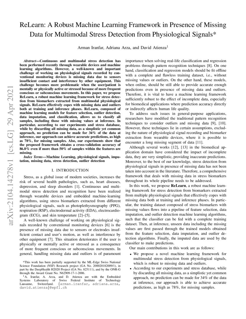 Relearn A Robust Machine Learning Framework In Presence Of Missing Data For Multimodal Stress