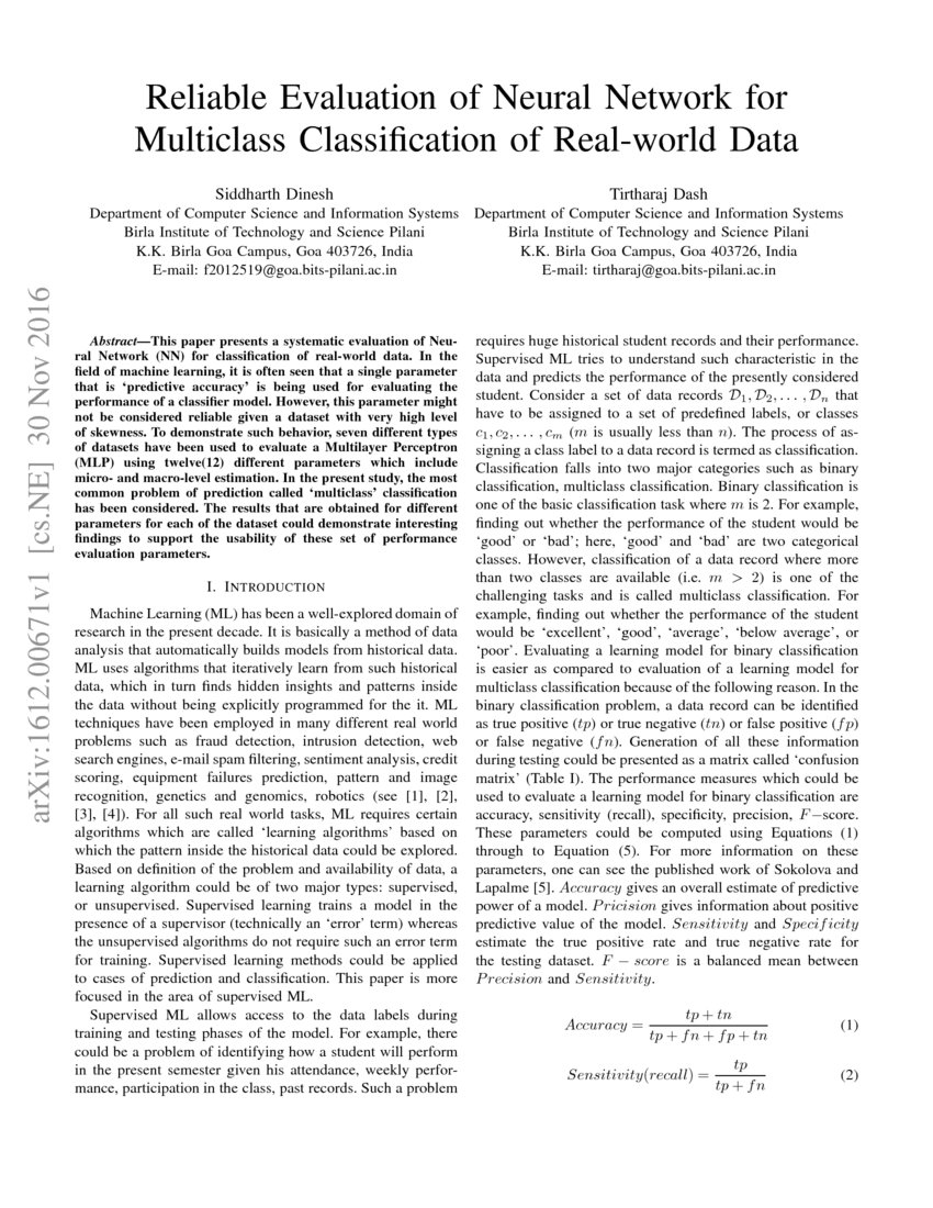 Reliable Evaluation of Neural Network for Multiclass Classification of ...