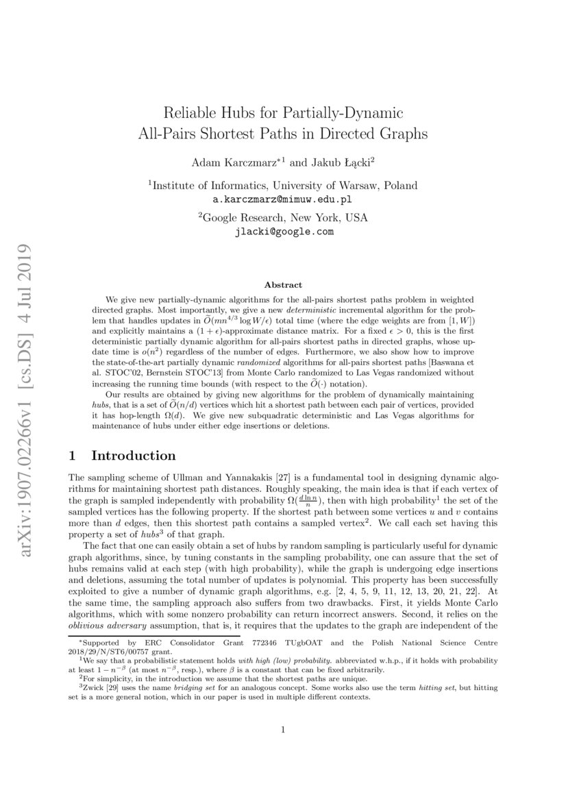 Reliable Hubs For Partially Dynamic All Pairs Shortest Paths In Directed Graphs Deepai