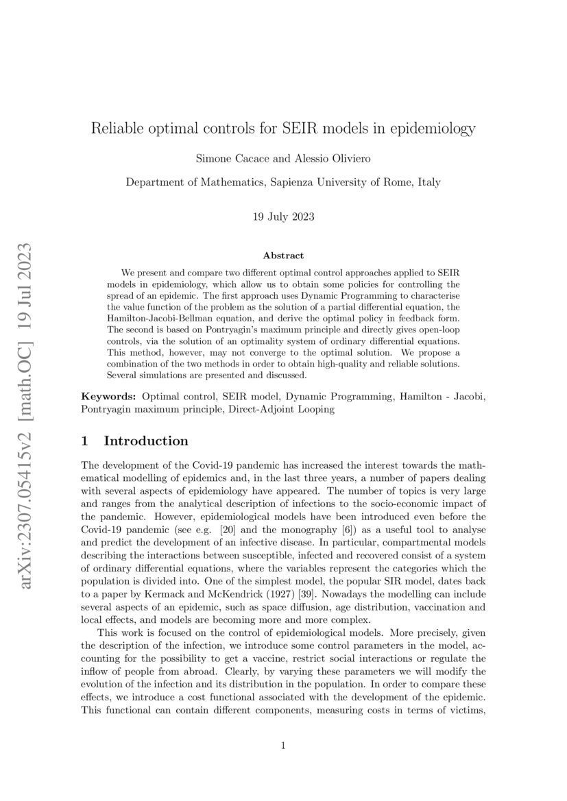 Reliable optimal controls for SEIR models in epidemiology | DeepAI