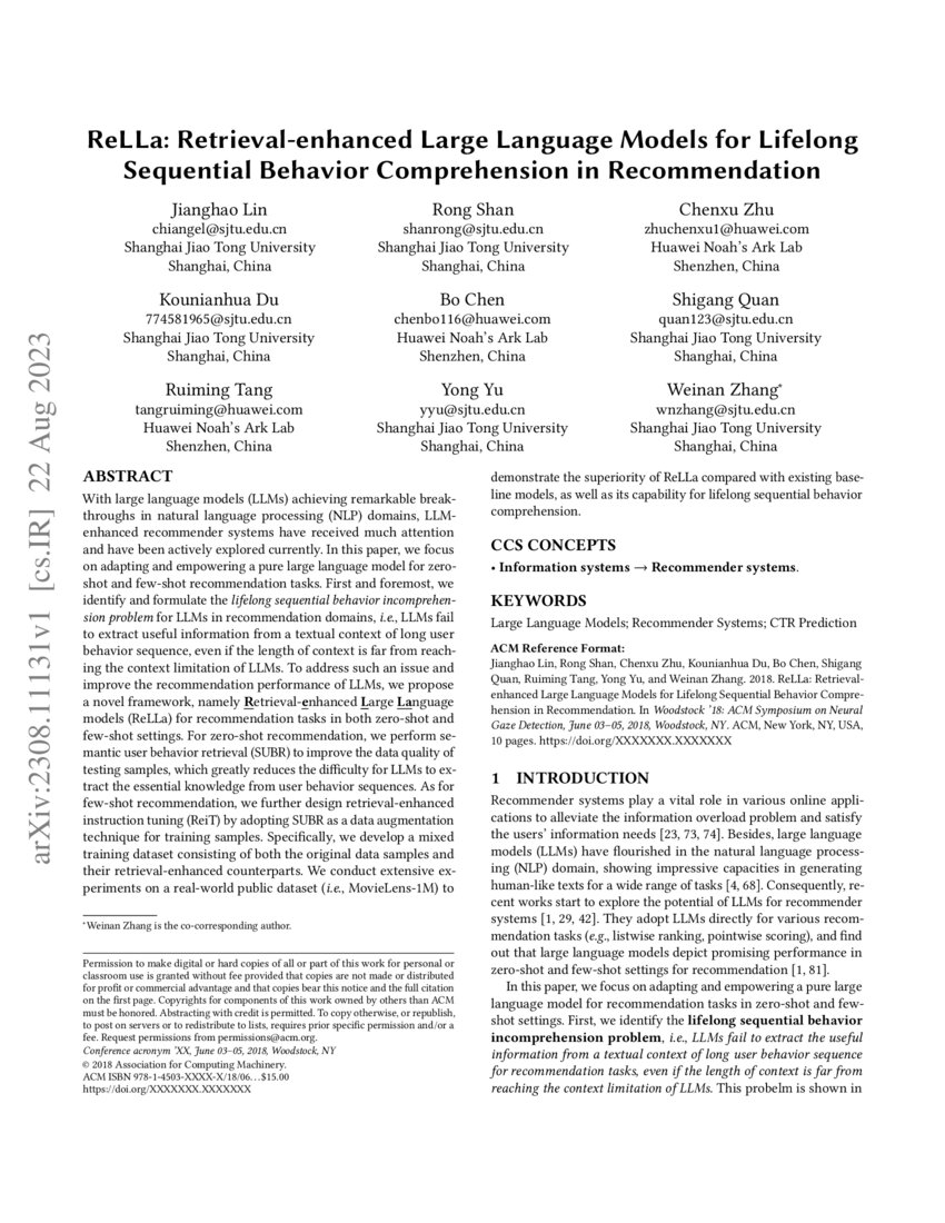ReLLa: Retrieval-enhanced Large Language Models for Lifelong Sequential Behavior Comprehension ...