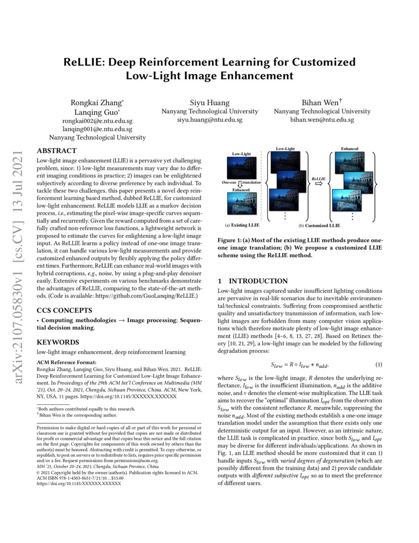 ReLLIE: Deep Reinforcement Learning for Customized Low-Light Image Enhancement | DeepAI