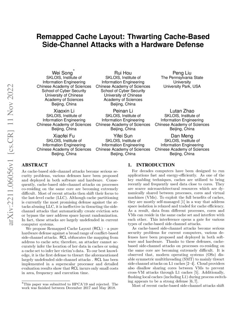 Remapped Cache Layout: Thwarting Cache-Based Side-Channel Attacks with a Hardware Defense | DeepAI