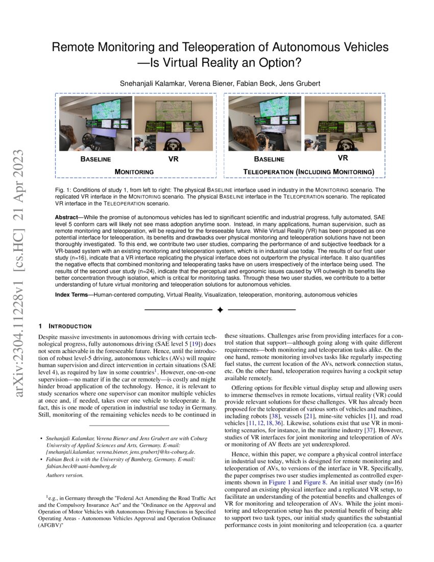 Remote Monitoring and Teleoperation of Autonomous Vehicles – Is Virtual ...