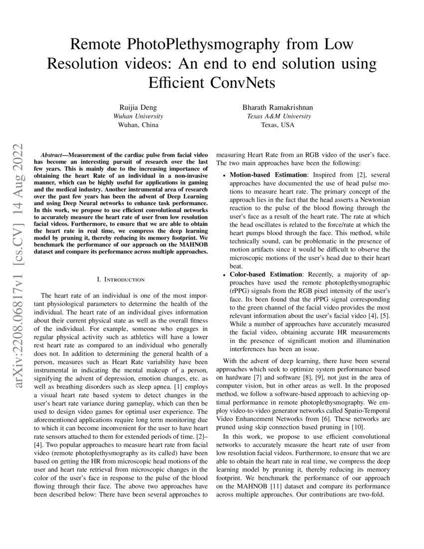 Remote Photoplethysmography From Low Resolution Videos An End To End Solution Using Efficient