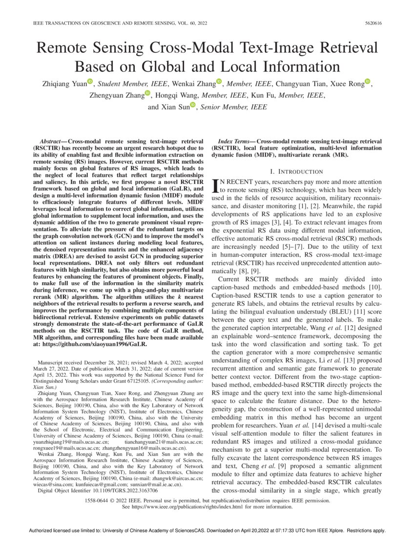 Remote Sensing Cross-Modal Text-Image Retrieval Based on Global and Local Information | DeepAI
