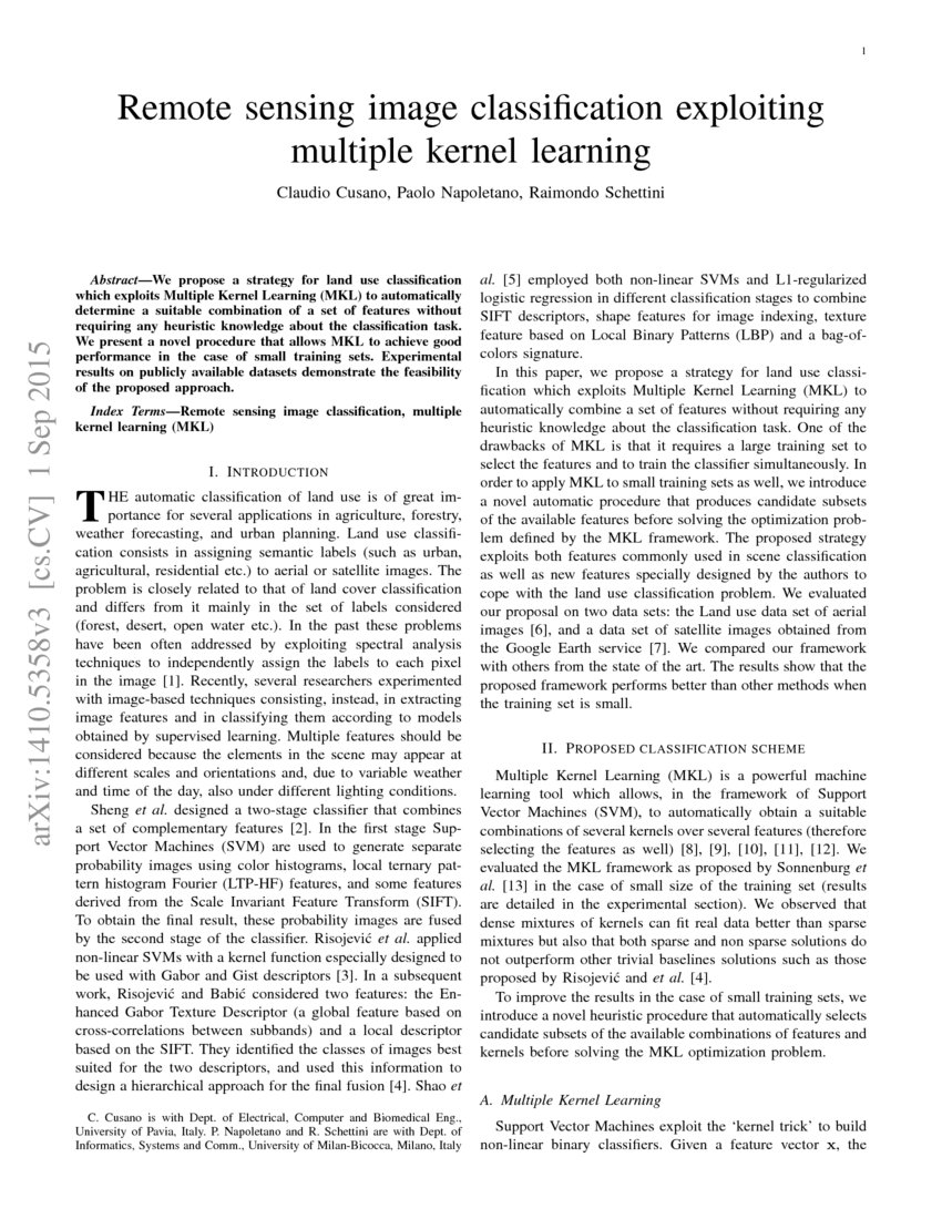 Remote Sensing Image Classification Exploiting Multiple Kernel Learning Deepai