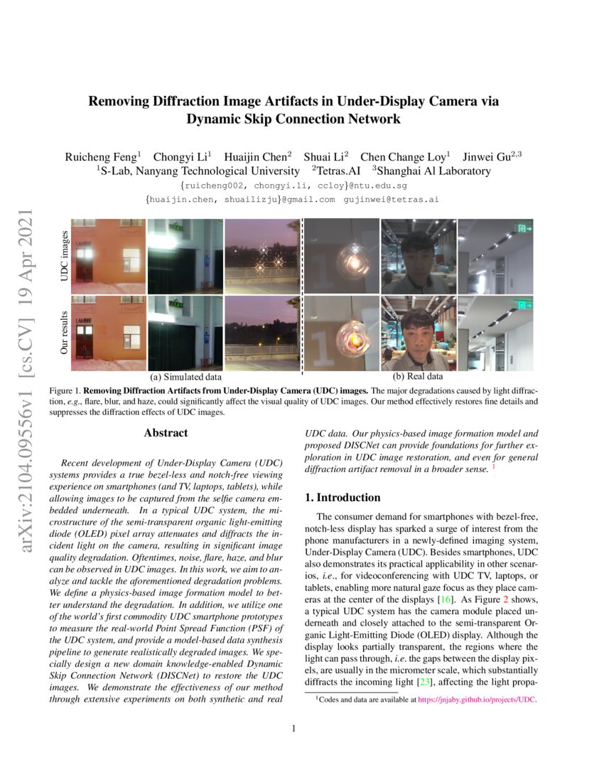 Removing Diffraction Image Artifacts in Under-Display Camera via Dynamic Skip Connection Network ...