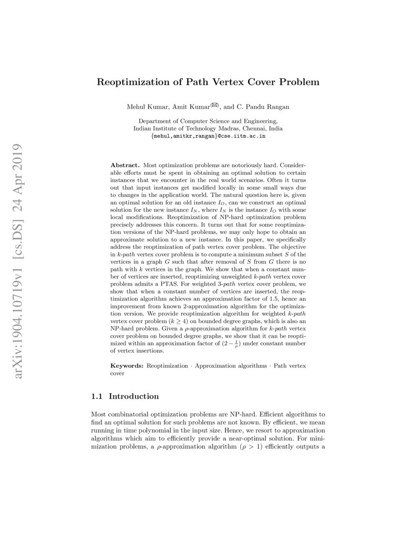 Reoptimization of Path Vertex Cover Problem | DeepAI