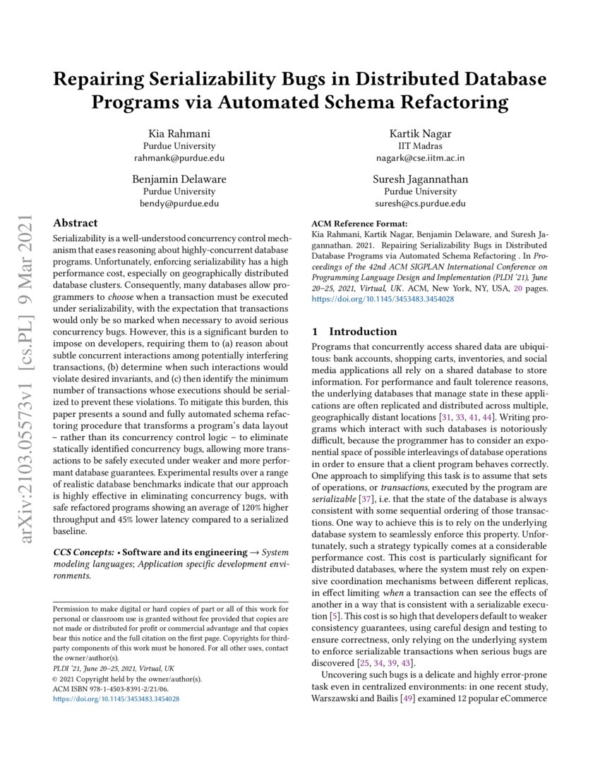 Repairing Serializability Bugs In Distributed Database Programs Via Automated Schema Refactoring