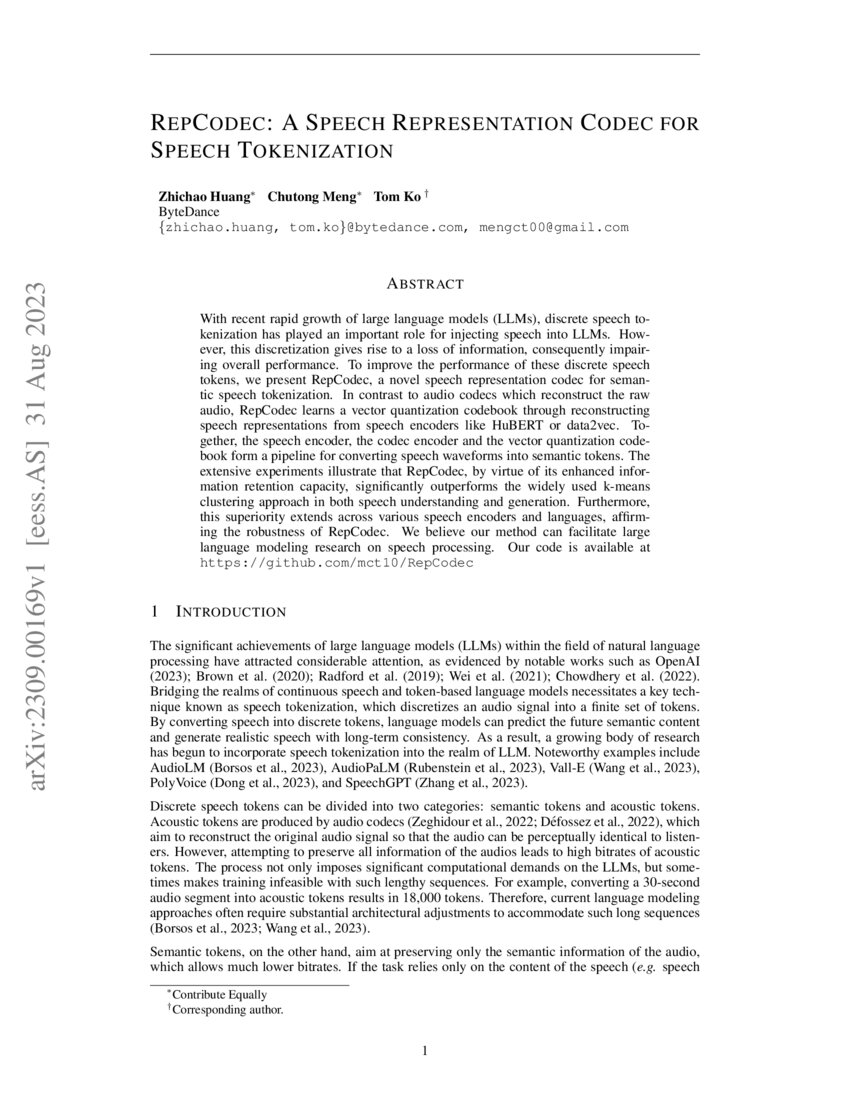RepCodec: A Speech Representation Codec for Speech Tokenization | DeepAI