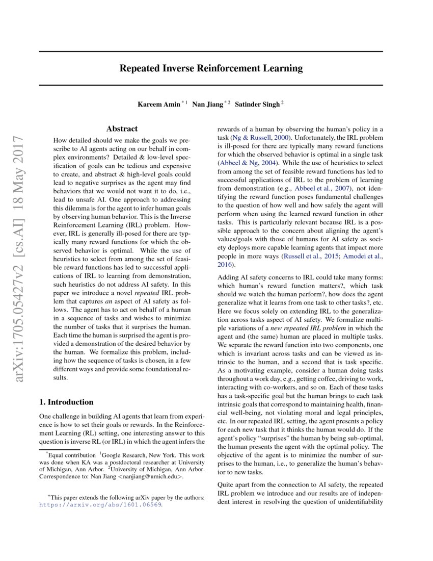 Repeated Inverse Reinforcement Learning | DeepAI