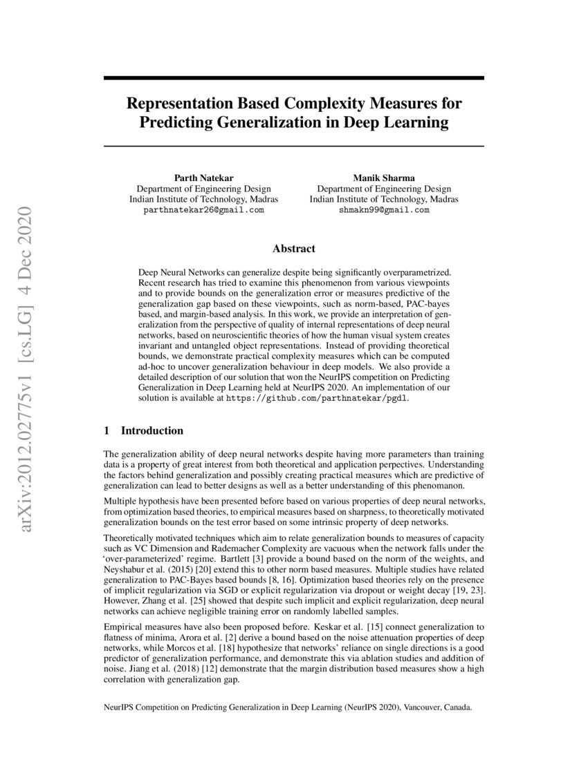 Representation Based Complexity Measures For Predicting Generalization
