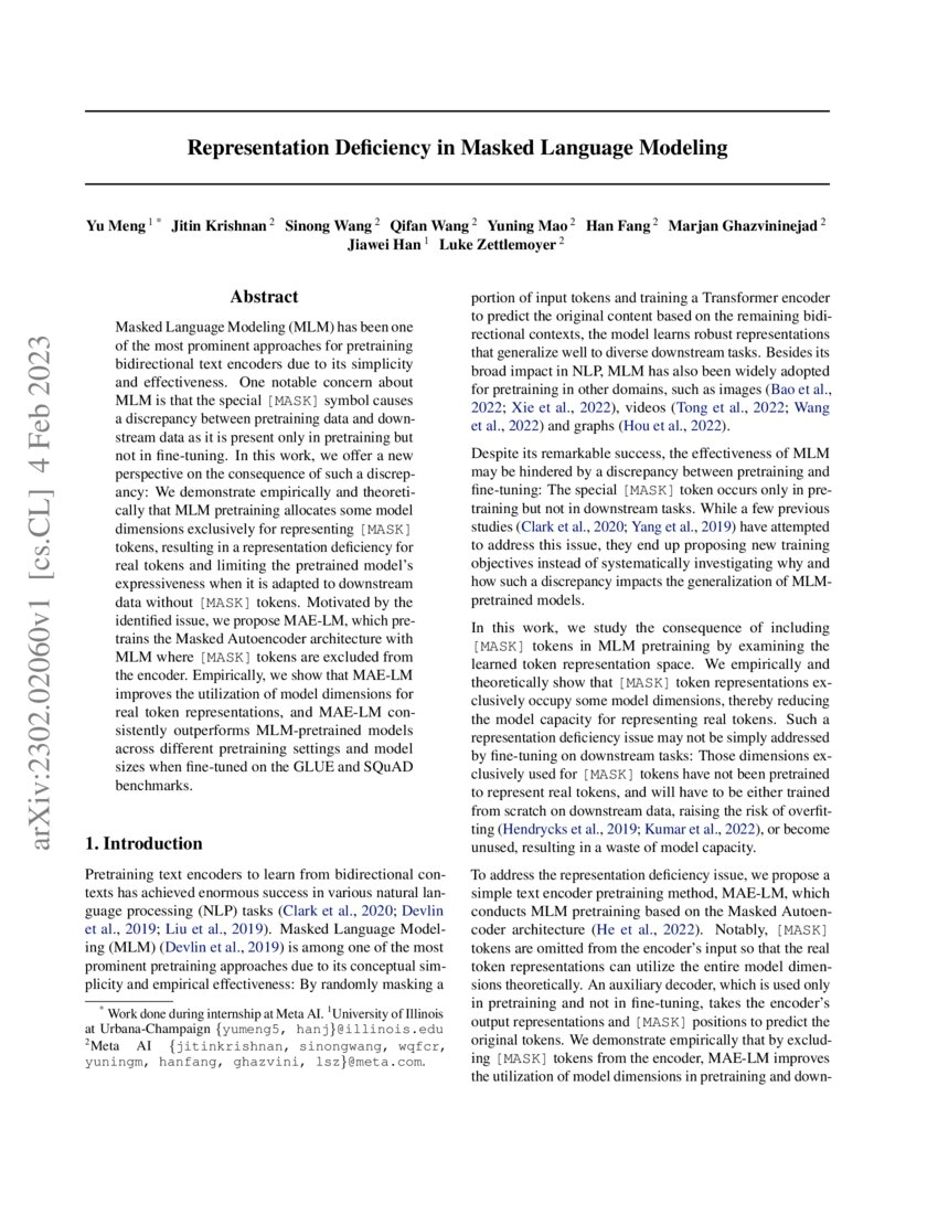 Representation Deficiency in Masked Language Modeling | DeepAI