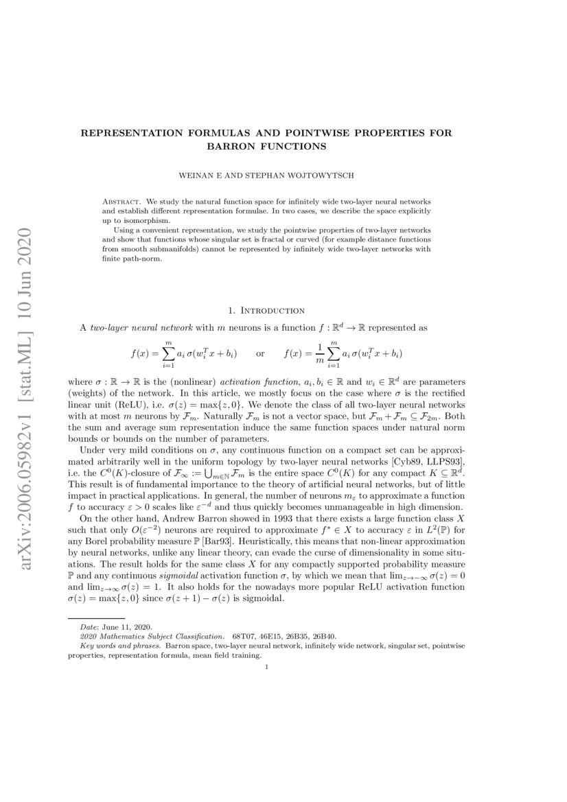 Representation Formulas And Pointwise Properties For Barron Functions Deepai