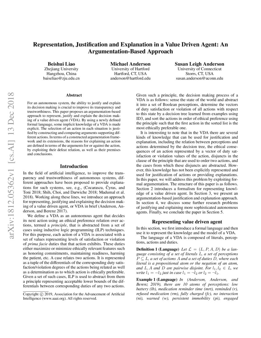 Representation Justification And Explanation In A Value Driven Agent
