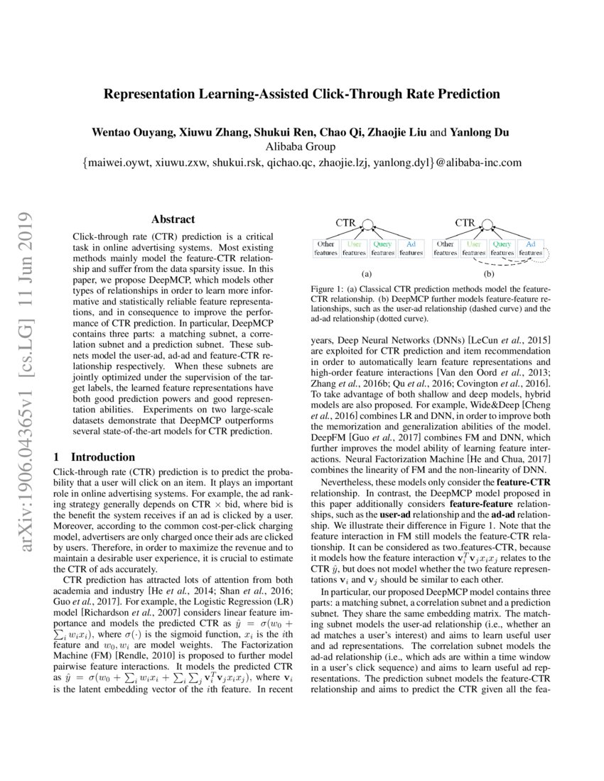 Representation Learning-Assisted Click-Through Rate Prediction | DeepAI Representation Learning-Assisted Click-Through Rate Prediction | DeepAI