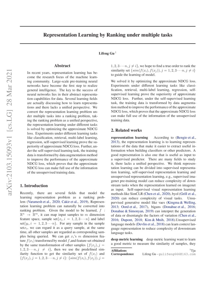 Representation Learning by Ranking under multiple tasks | DeepAI