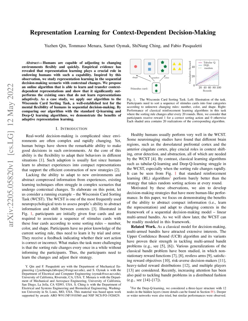 Representation Learning for Context-Dependent Decision-Making | DeepAI