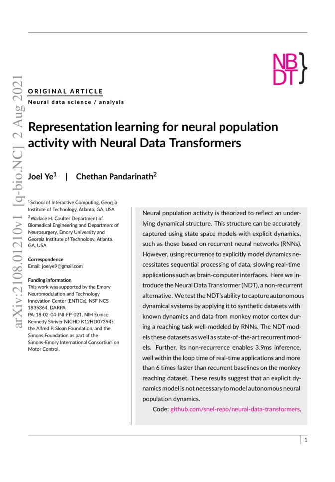 Representation learning for neural population activity with Neural Data Transformers | DeepAI