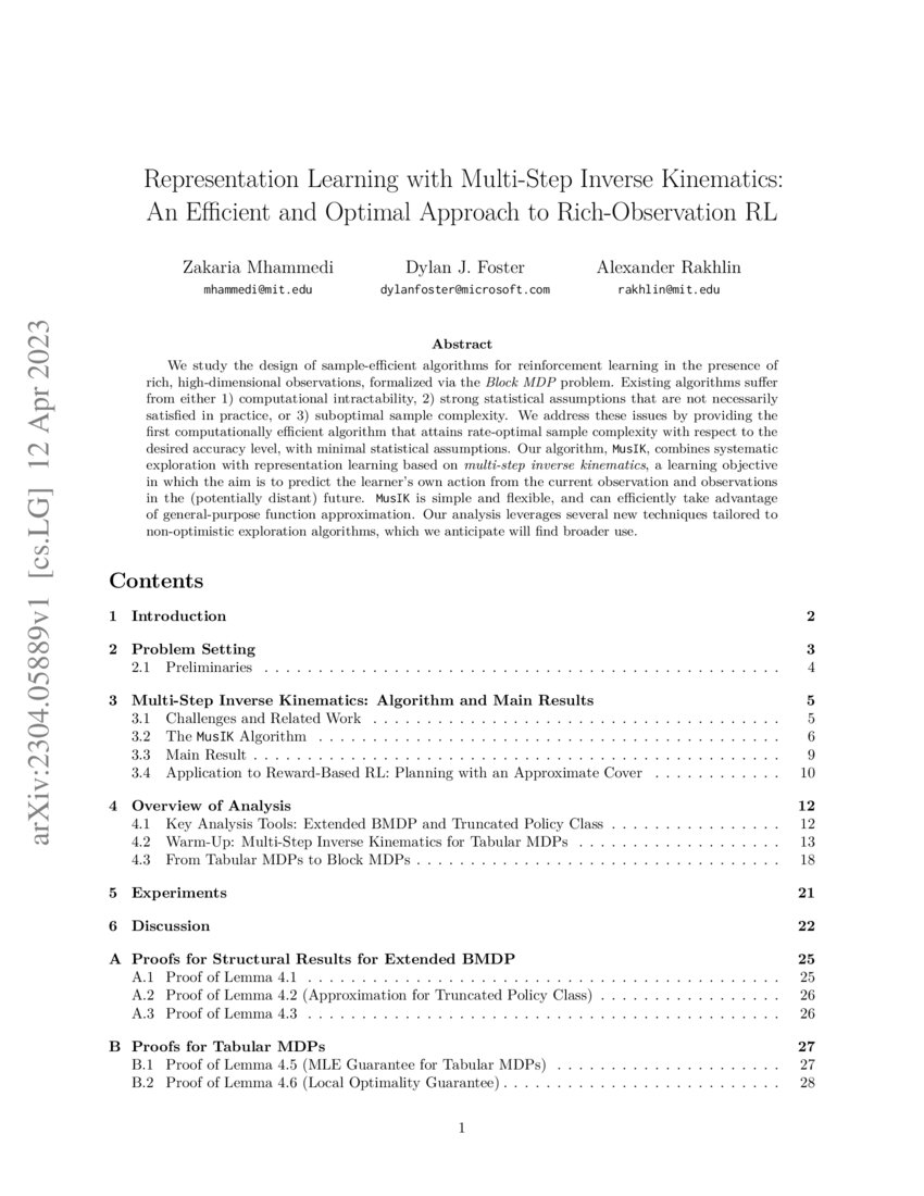 Representation Learning With Multi Step Inverse Kinematics An Efficient And Optimal Approach To