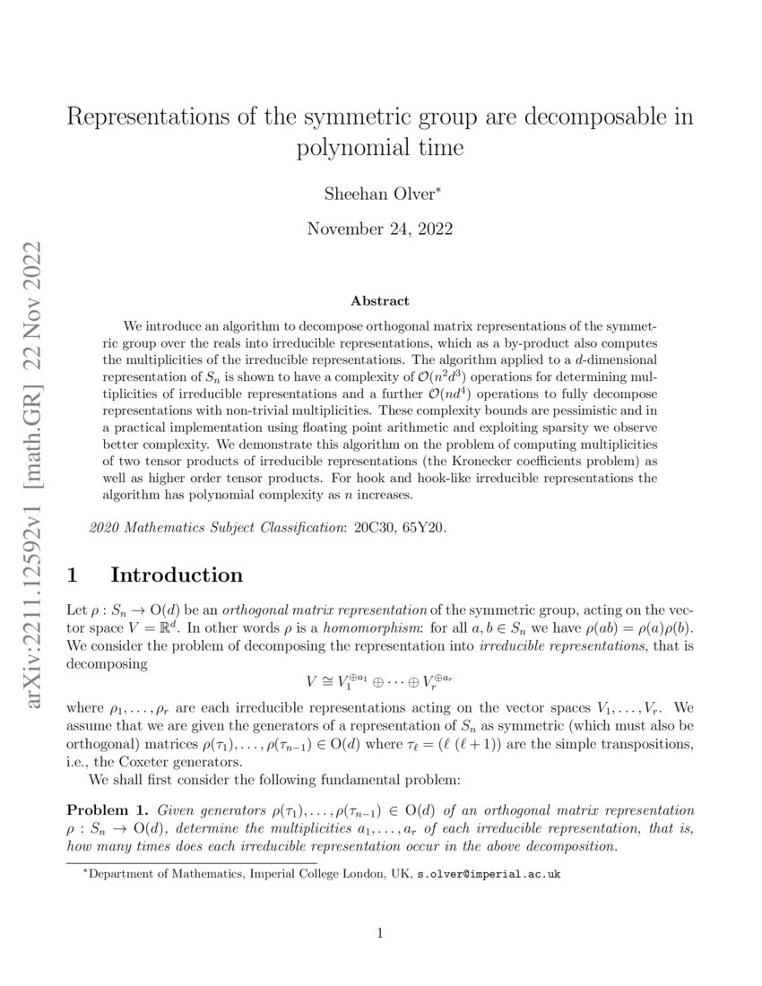 Representations Of The Symmetric Group Are Decomposable In Polynomial Time Deepai