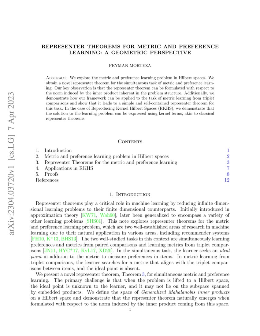 Representer Theorems for Metric and Preference Learning: A Geometric Perspective | DeepAI